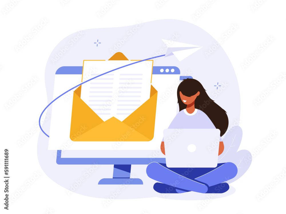 Email marketing illustration concept. girl with the laptop received a ...