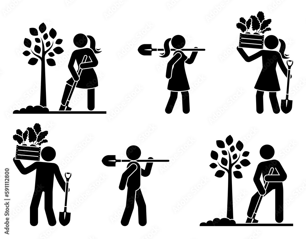 Stick figure man woman with shovel vector illustration set. Stickman ...