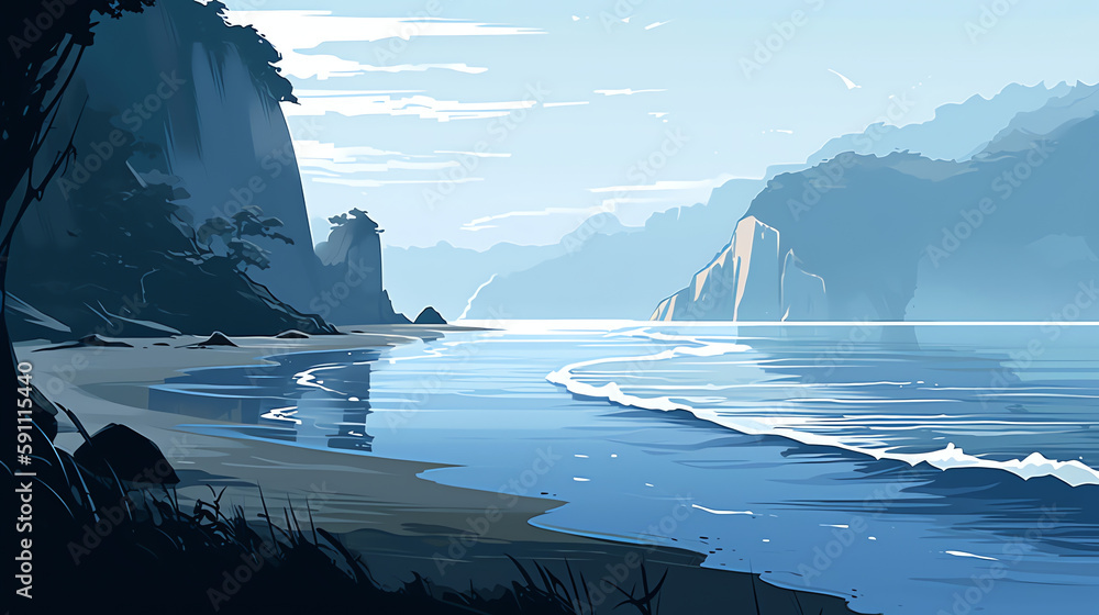 Rivershore along cliffs - Monochromatic 2d illustration in shades of ...