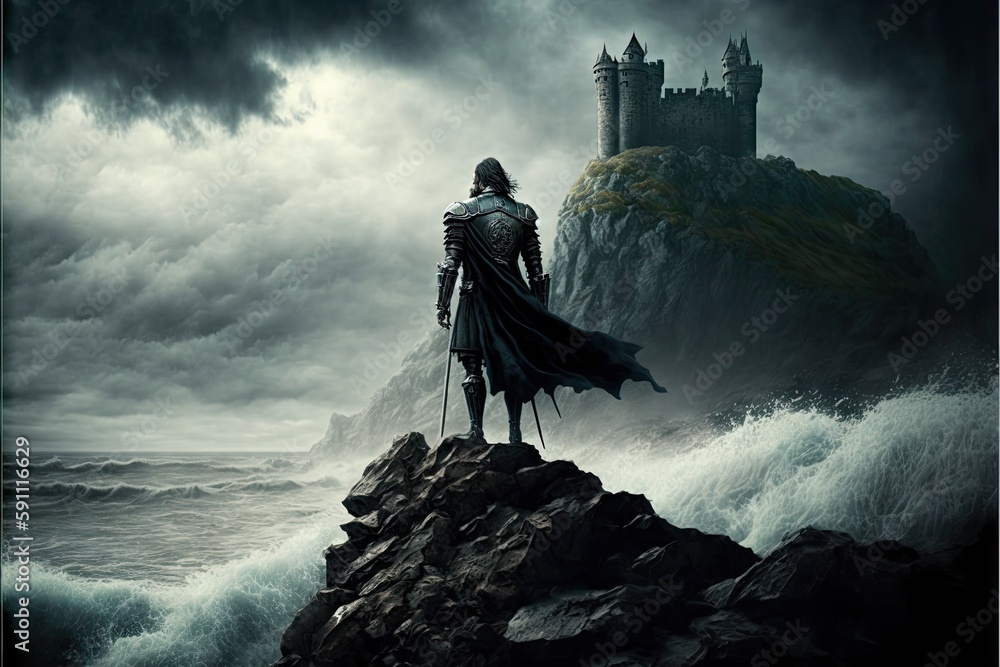 Back view of small medieval warrior on cliff with gothic castle across ...