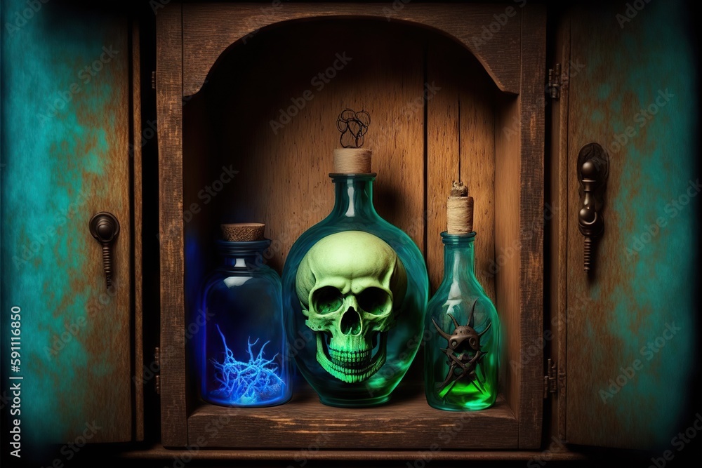 Bottles and human skull inside old wooden cupboard background, created ...