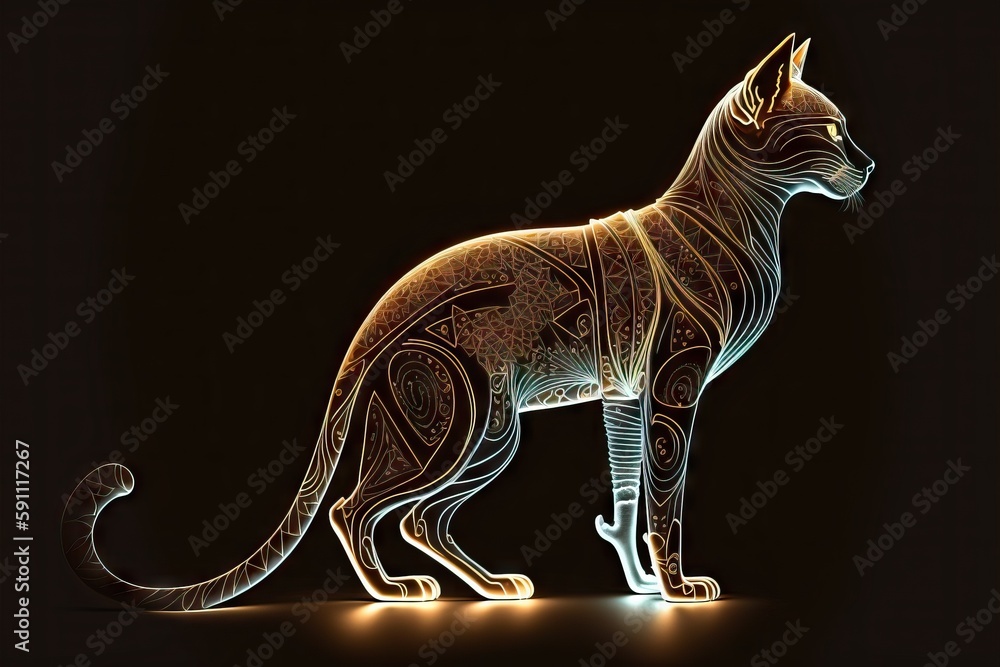 Side view of glowing Egyptian Bastet cat outline on black background ...