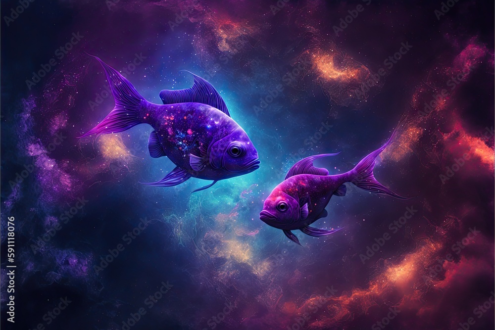 Violet and purple fishes floating in outer space with nebula background ...