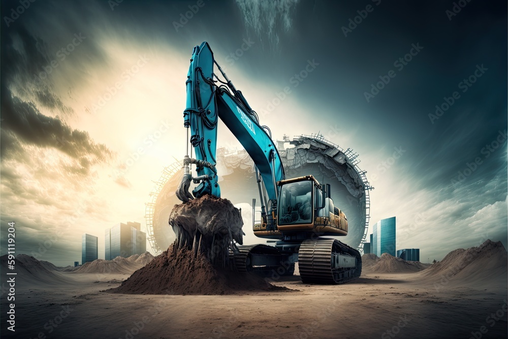 Big futuristic excavator digging ground at construction site with ...
