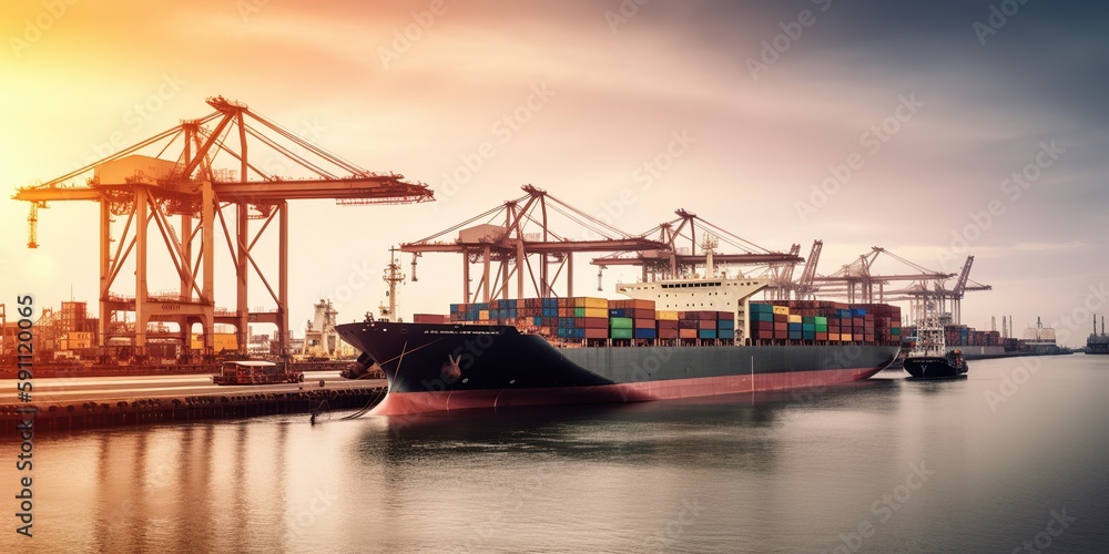 container ship in harbor with massive cranes lifting and moving cargo ...