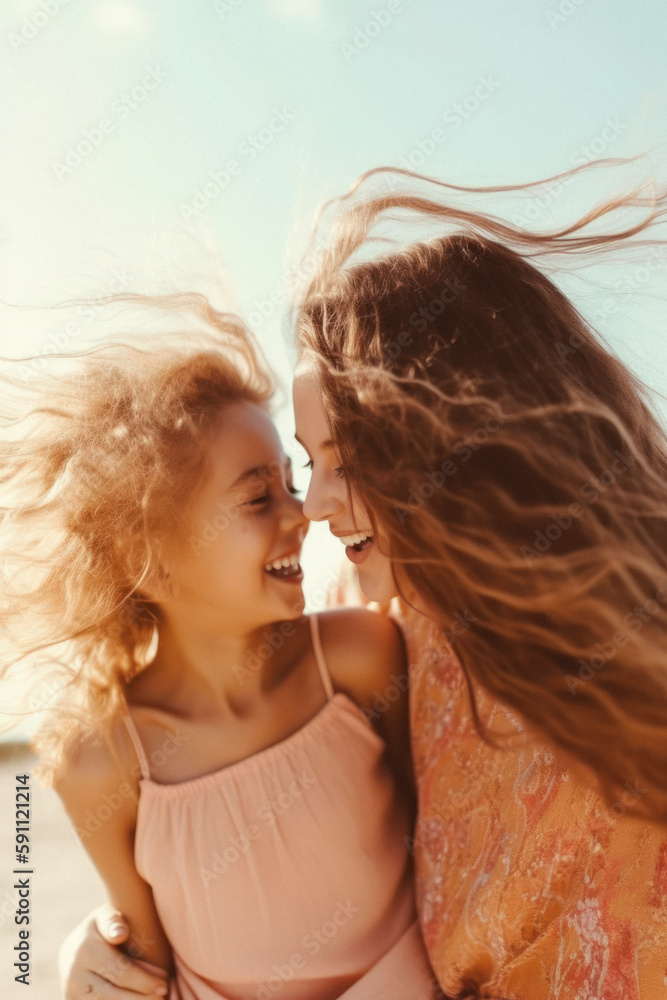 A Young Beautiful Mother Enjoying With Her Sweet Daughter On The Beach