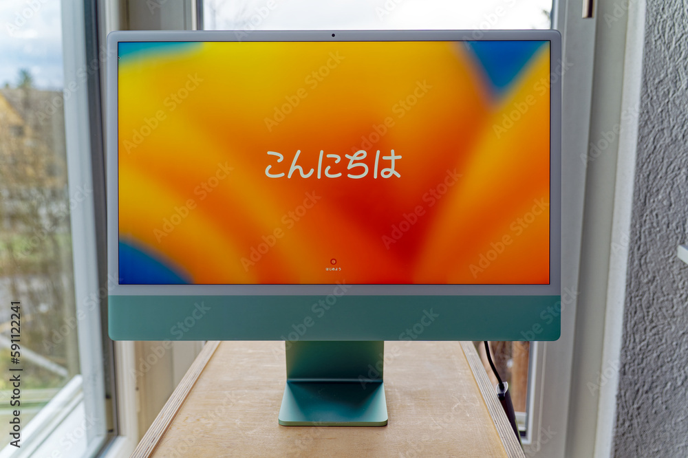 Green Apple iMac M1 2021 on wooden corpus with screen and word hello ...