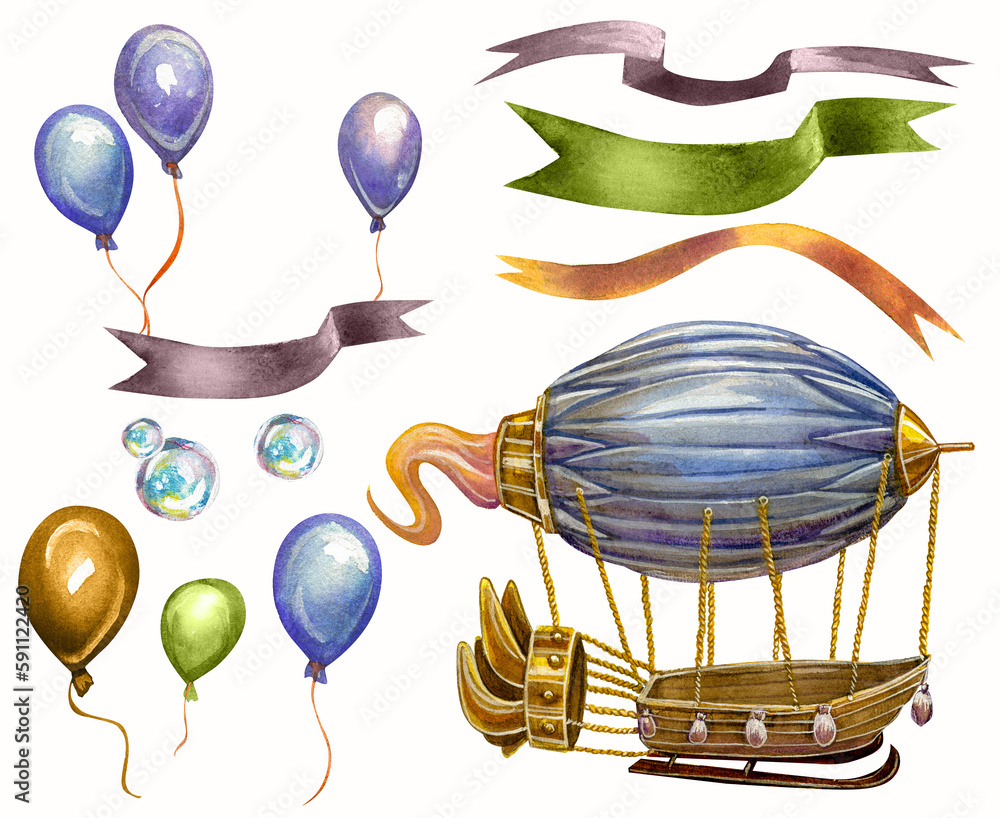 Illustration of a set of air items. Airship, balloons, ribbons and soap ...