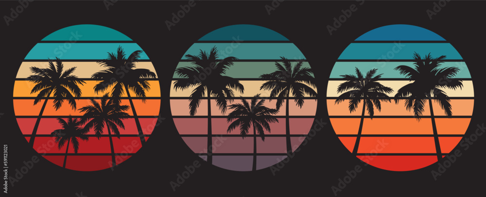 70s style striped sunsets retro background set collection. Abstract ...