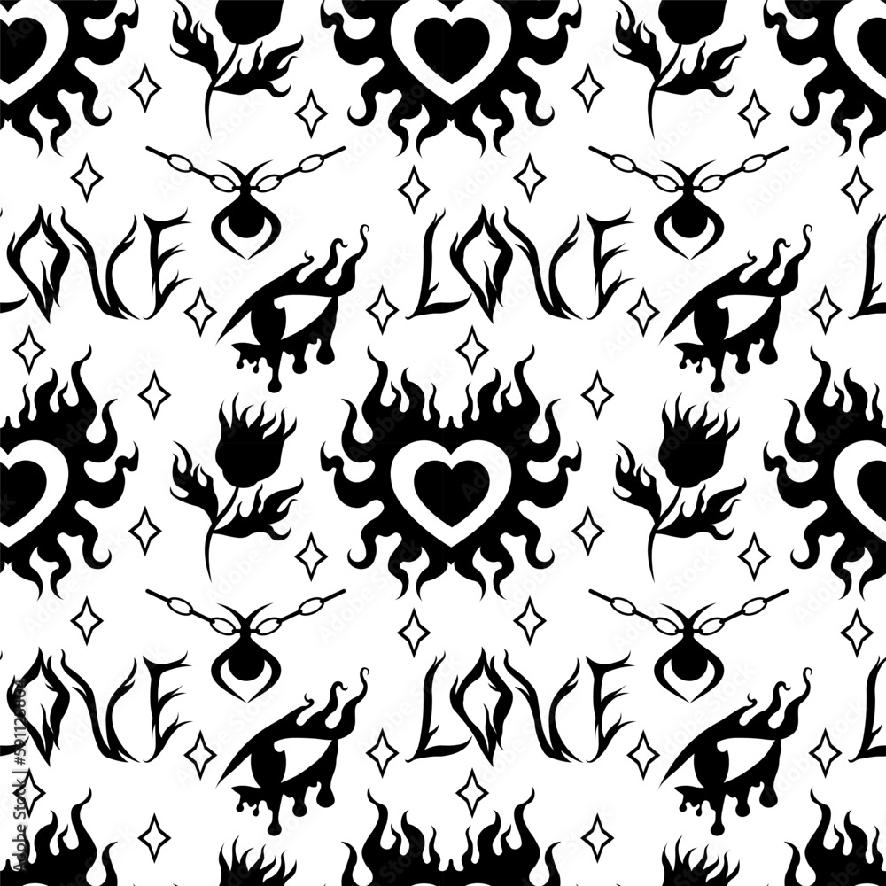 Flame Y2K Seamless fire pattern heart, flower, Psychedelic vector black ...