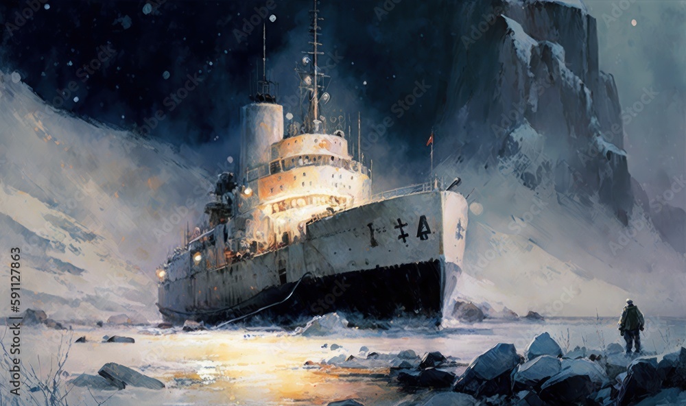 Big ice breaker ship is in the cold place. Beautiful illustration ...