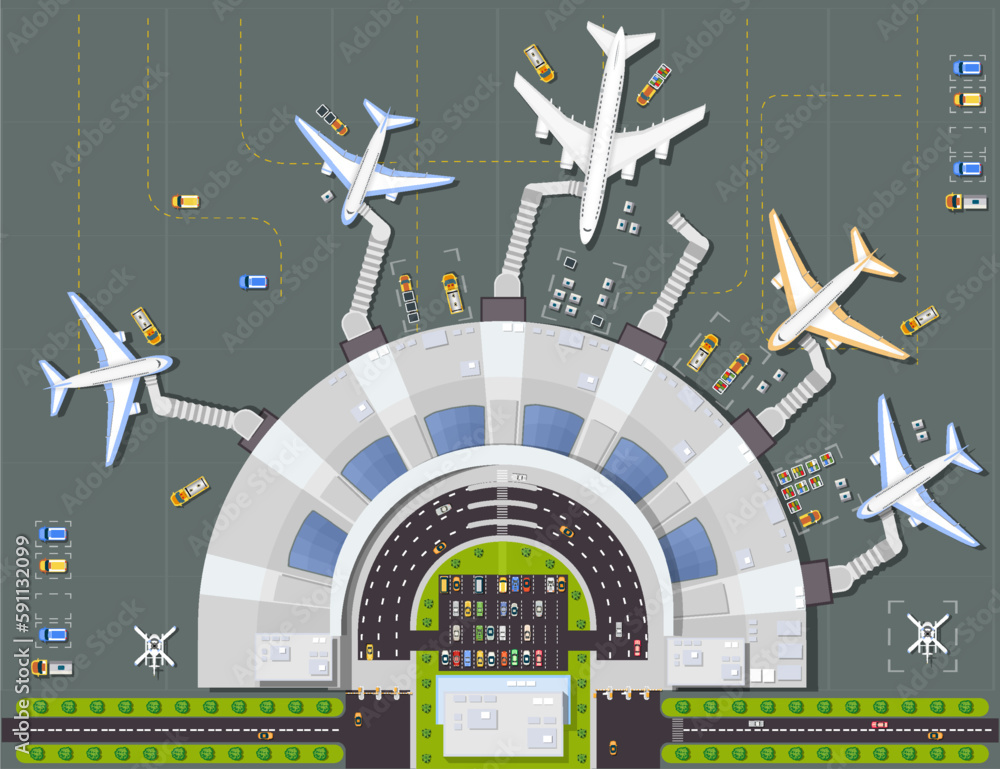 Airport passenger terminal top view. The runway of the aircraft ...