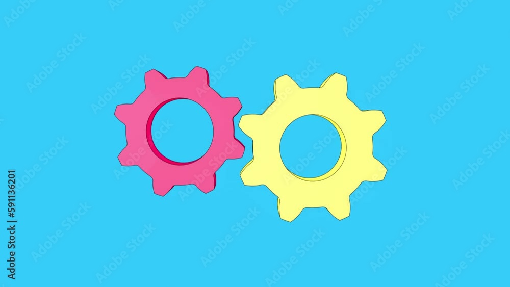 Two red and yellow gears rotate and move each other, isolated on a blue ...