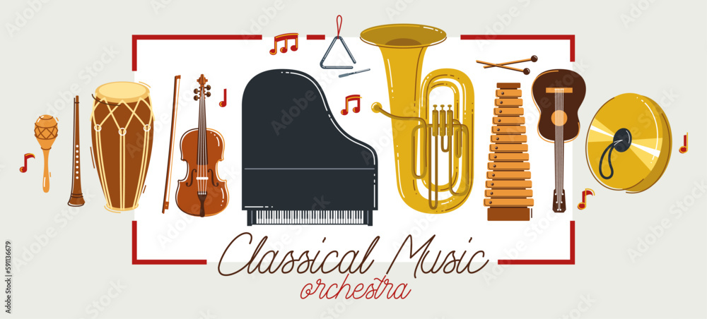 Classical music instruments poster vector flat style illustration ...