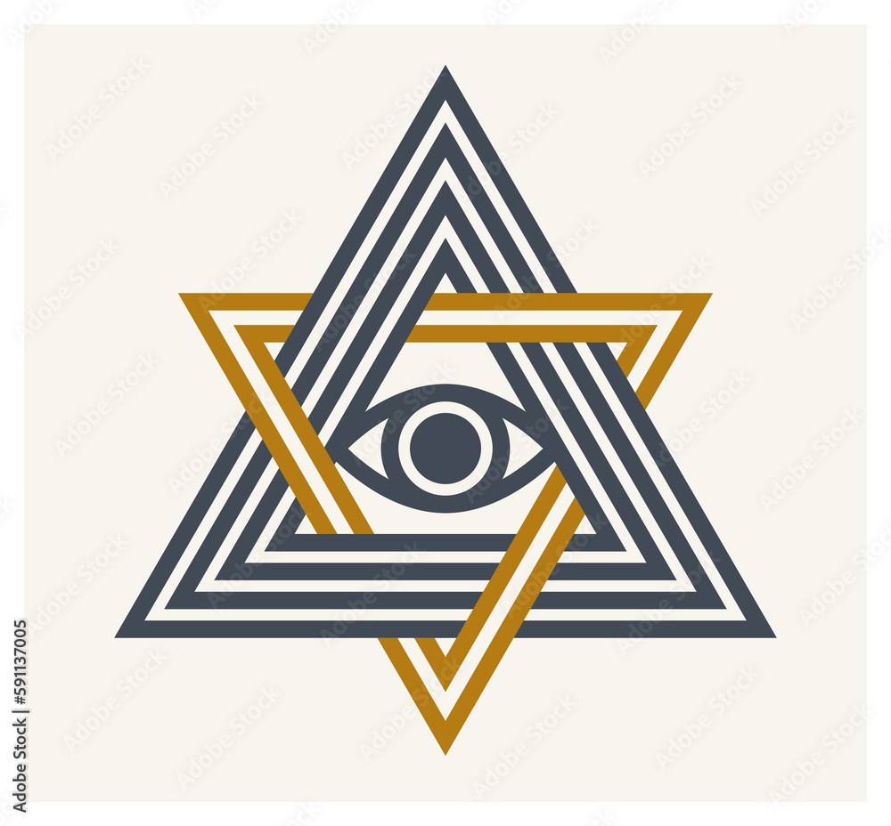 All seeing eye in star of David vector ancient symbol in modern linear ...