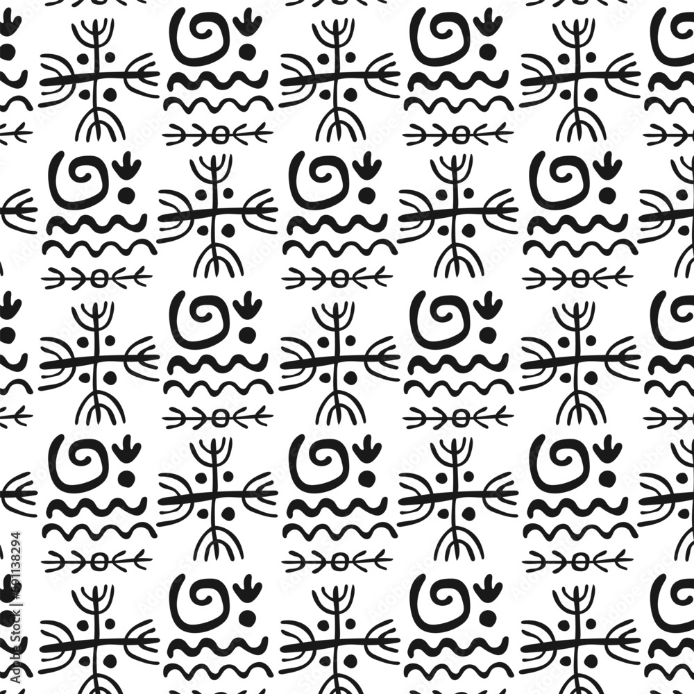 Seamless pattern drawings of ancient tribe. Primitive ethnic ornament ...
