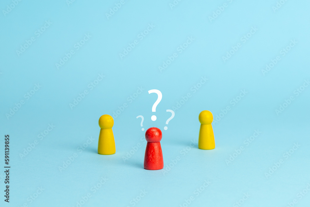 Symbol of a businessman who makes a decision. Leader and question marks ...