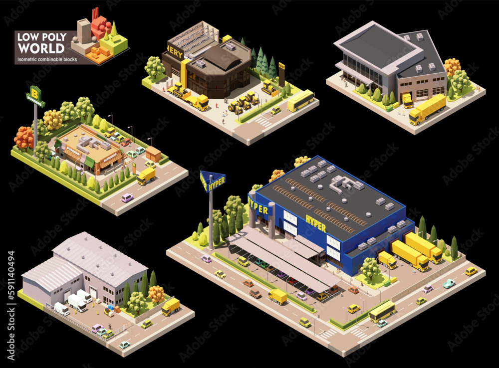 Vector isometric world map creation set. Combinable map elements. Town ...