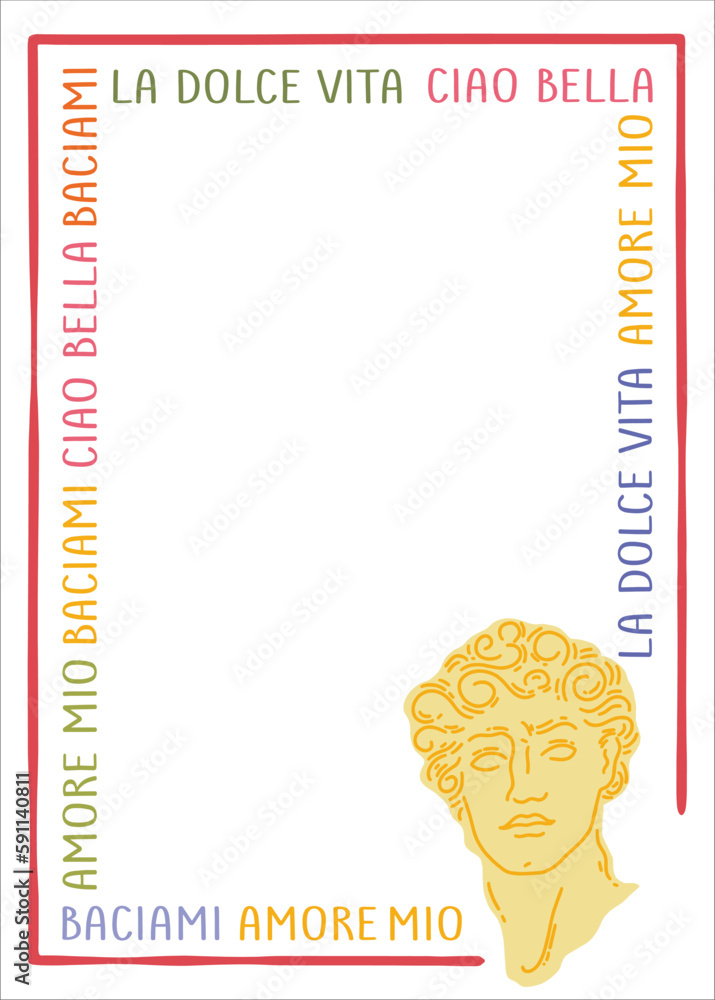 Mockup with an antique male head and a frame of Italian phrases. Greek ...