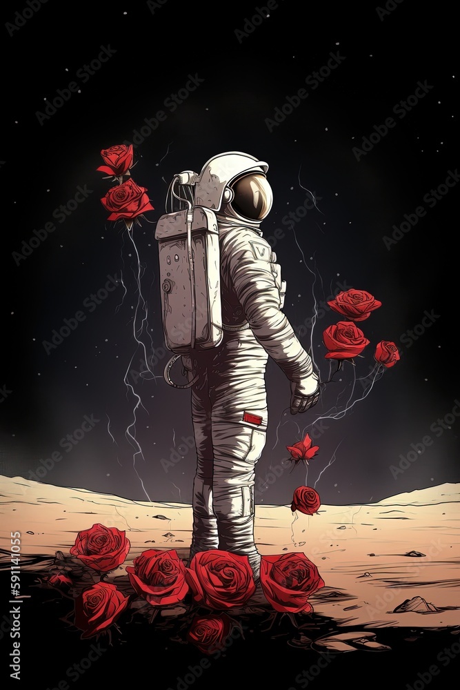 Astronaut in space with bouquet of red roses, lost in space in love ...