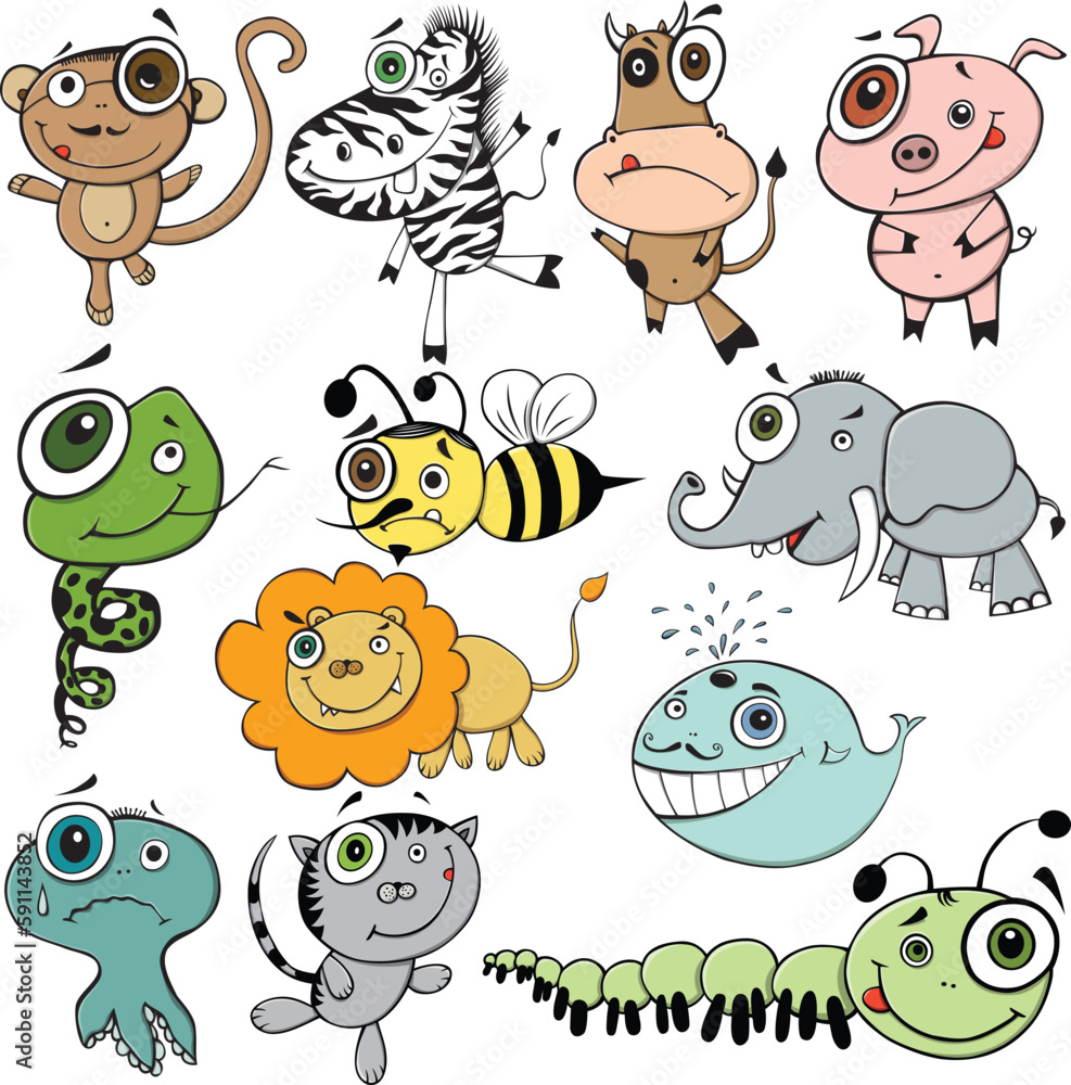 Funny cartoon animals with a bigger eye. Vector animals set. Stock ...
