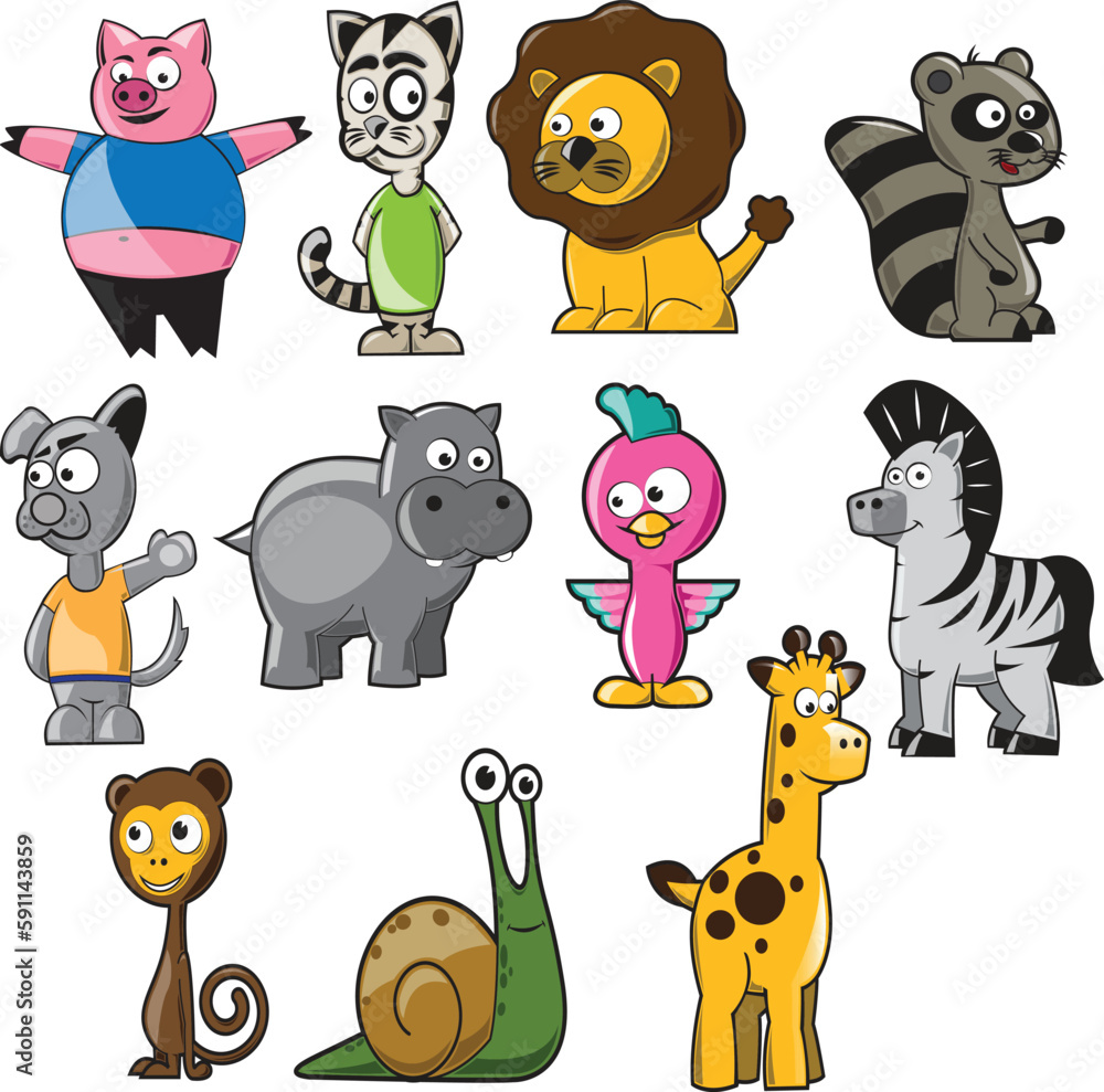 Collection of cute cartoon animals. Funny zoo character in vector ...