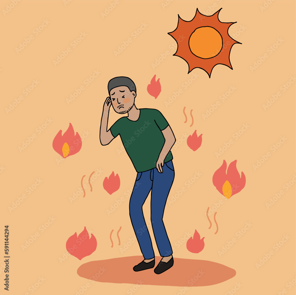 Man suffering from heat wave stoke in very hot weather temperature, Hot ...