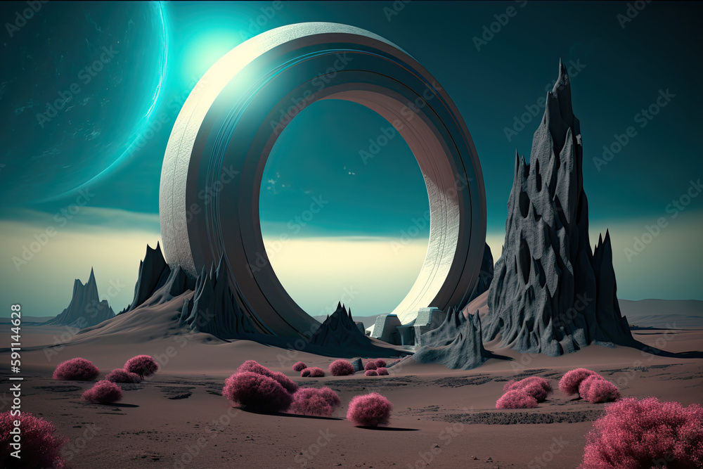 sci fi alien landscape with round structure, gate in the desert ...