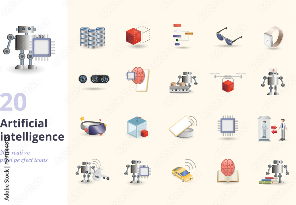 Artificial intelligence set. Creative icons: big data, pattern, algorithm, smart glasses, smart ...
