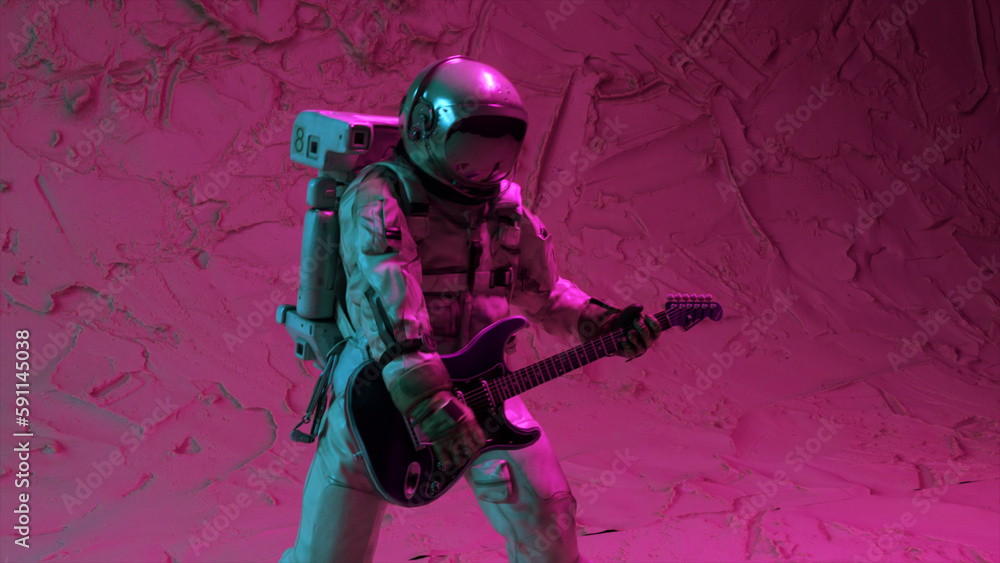 An astronaut plays the guitar in space. 3d animation of a seamless loop ...