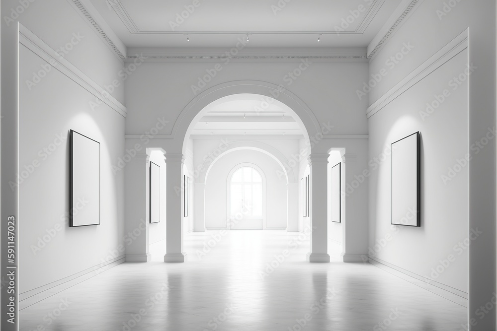 Minimalistic interior design with plain white room of museum or gallery ...