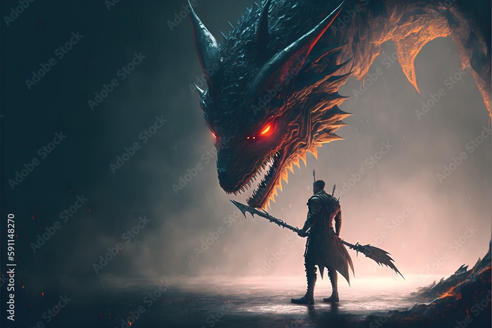 adventurer fighting huge dragon sword rain brutal mud super resolution ...