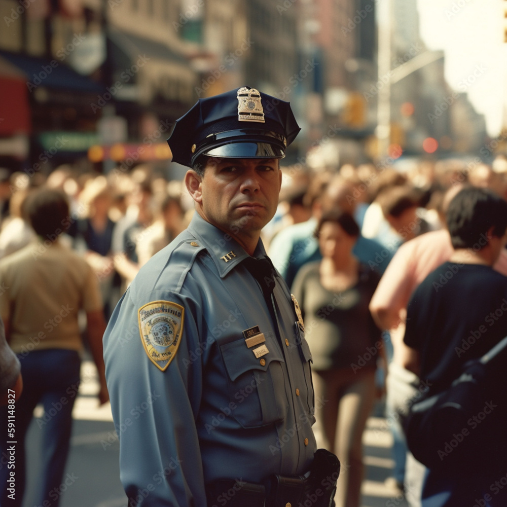 As the early evening falls, a vigilant police officer patrols a busy ...