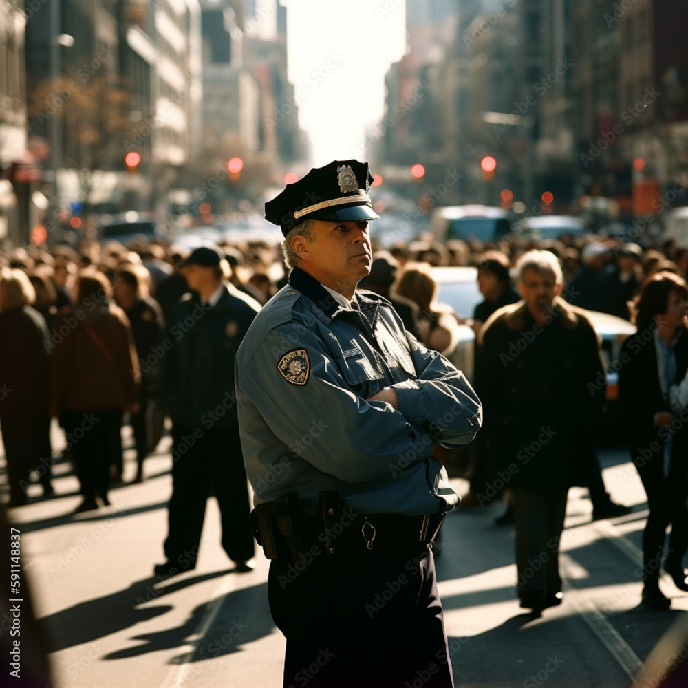 As the early evening falls, a vigilant police officer patrols a busy ...