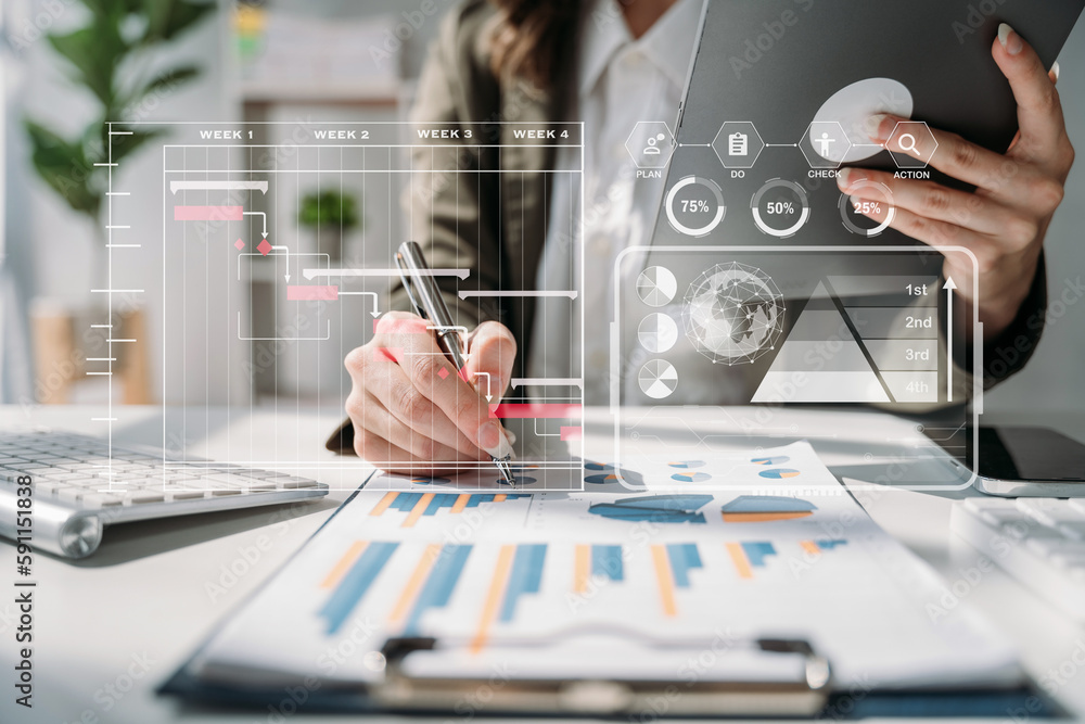 Business woman hand Project manager working and update tasks and Gantt ...