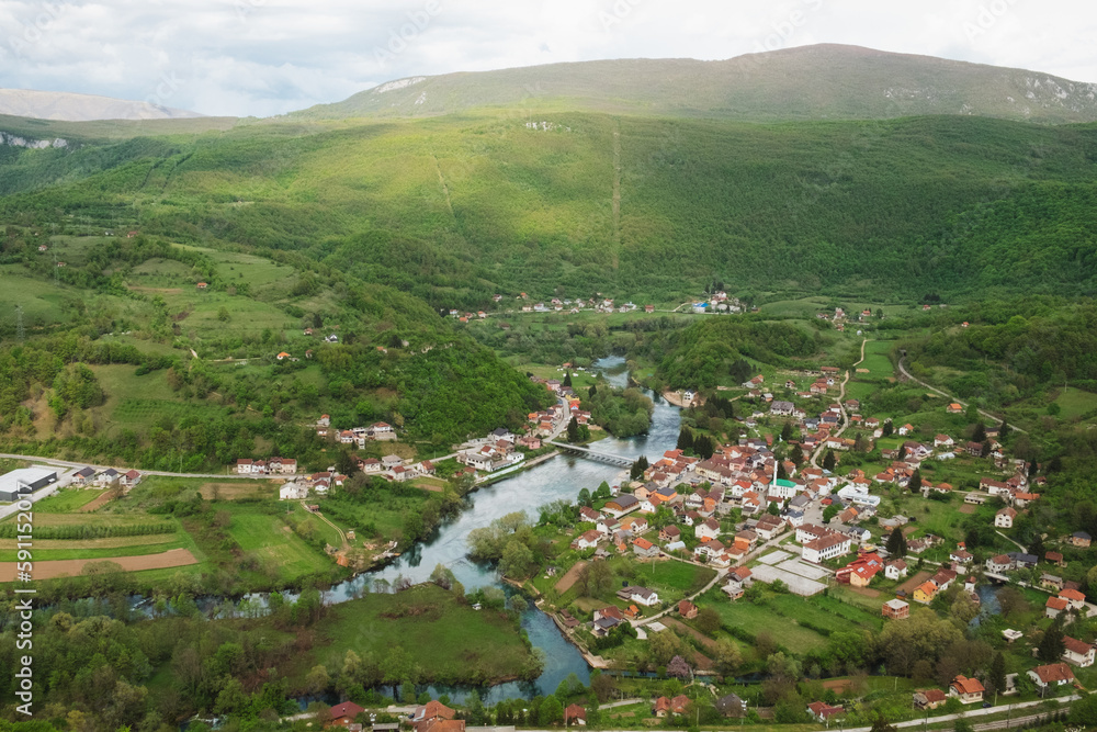 The magnificent panoramic view of the mountain valley of Una river and ...