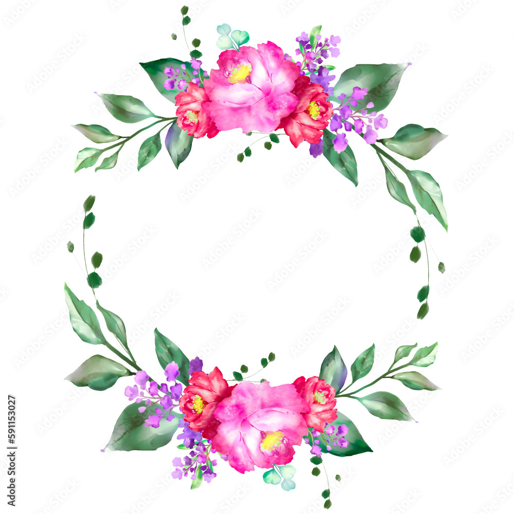 Watercolor flower frame for postcards, flowers and leaves, purple ...