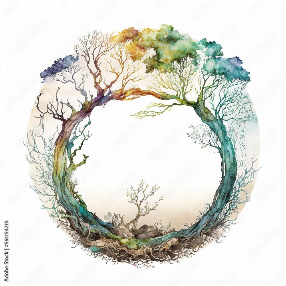 Watercolor painting of intricate tree roots and vine arranged in ...