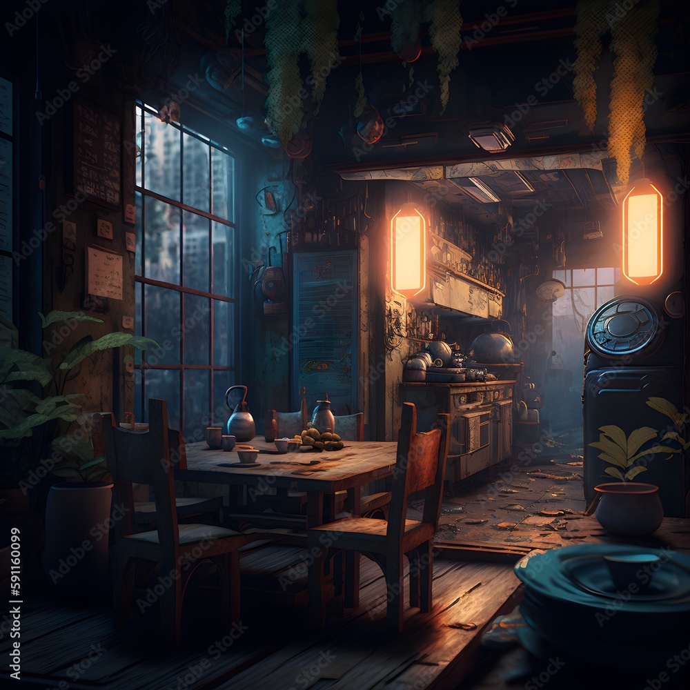 dystopian cyberpunk interior architecture rendering of a small yoshoku ...