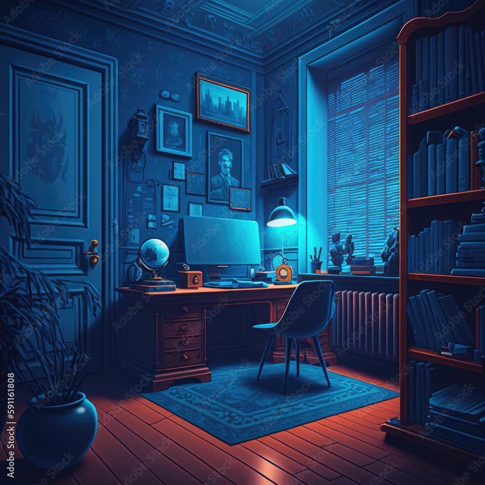 inside of a detective room illustration, room interior. dark room with ...