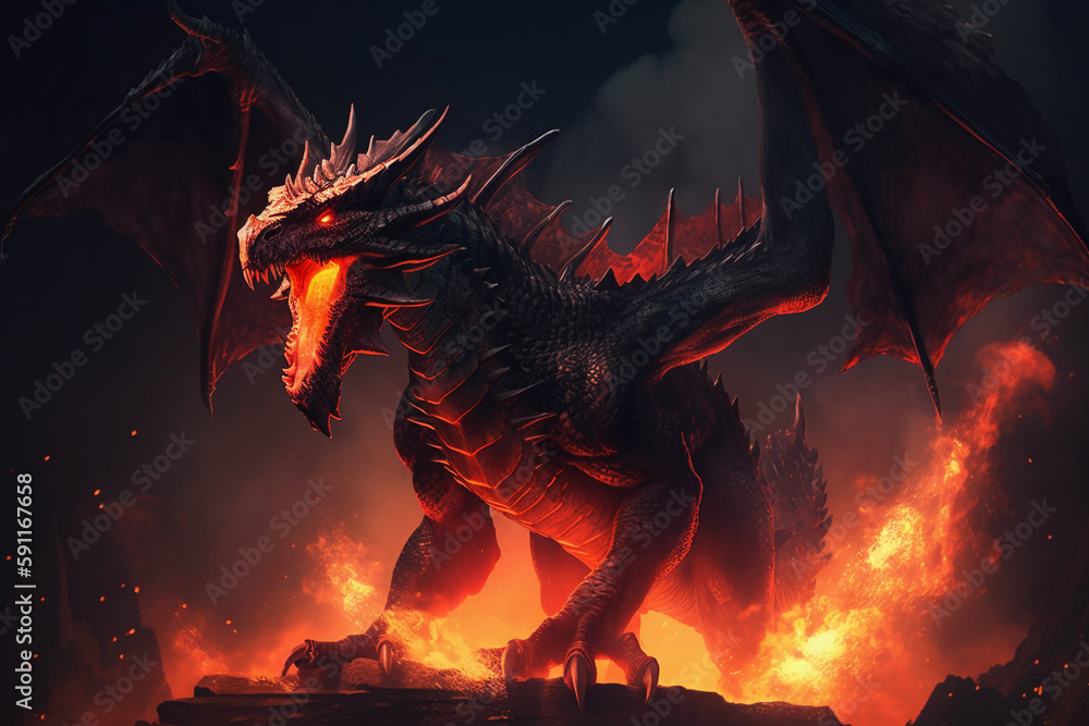 Fire breathes explode from a giant dragon in a black night Generative ...