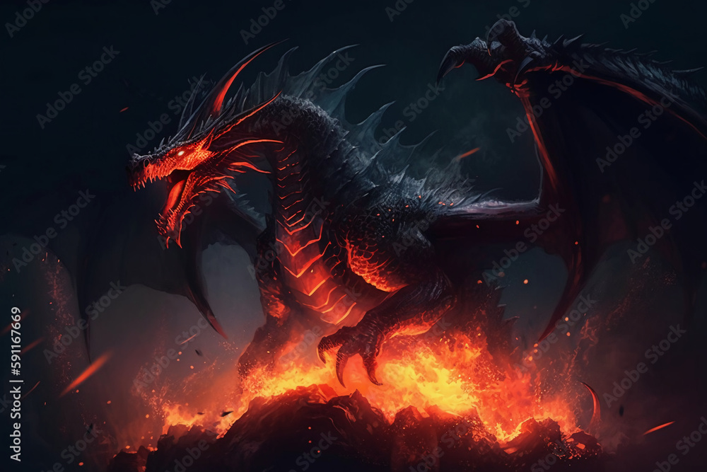 Fire breathes explode from a giant dragon in a black night Generative ...