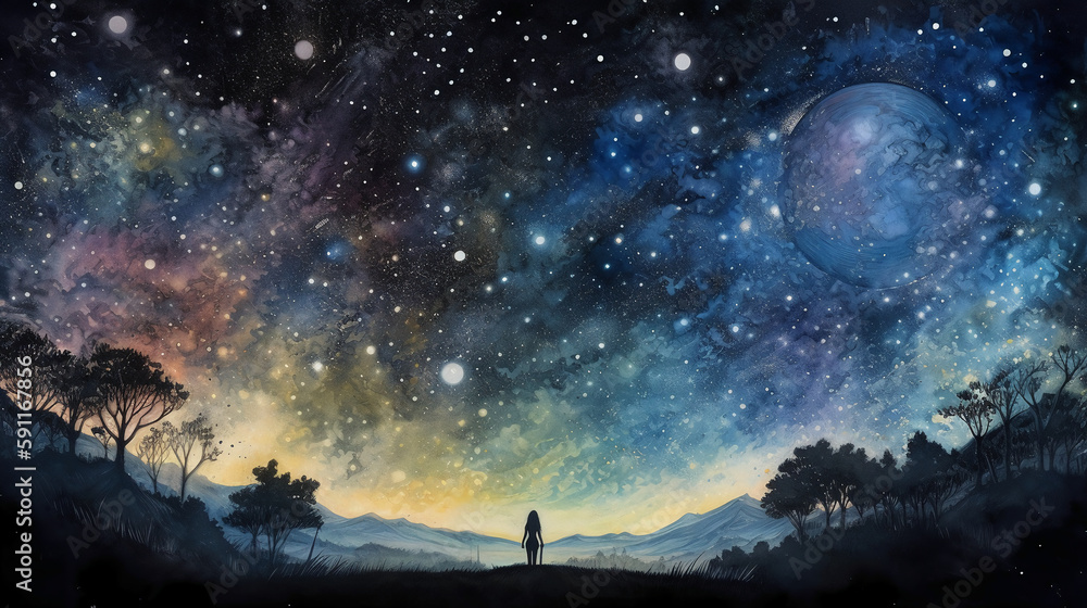 depicting a fantastical celestial scene with planets, stars and ...