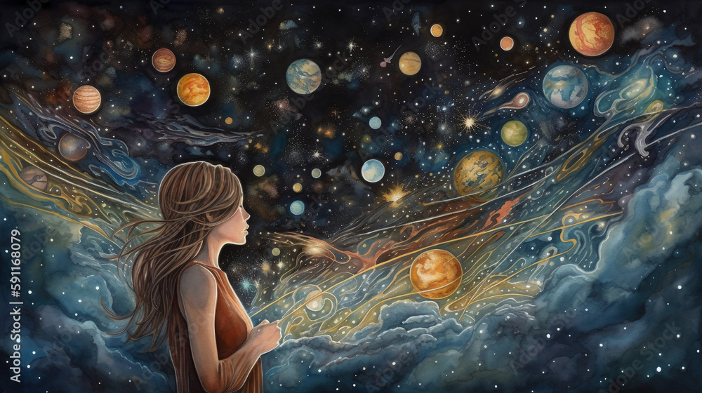 depicting a fantastical celestial scene with planets, stars and ...