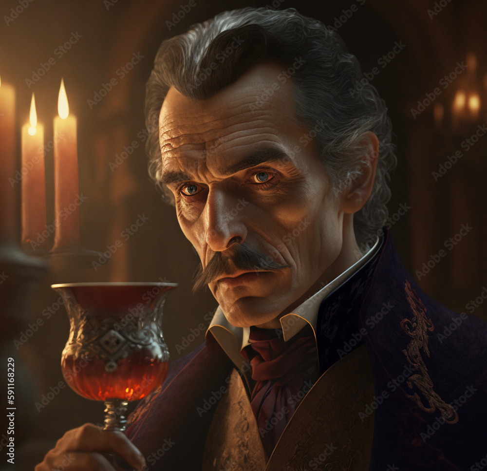 Gothic fantasy: Dracula drinking is daily blood potion at candlelight ...