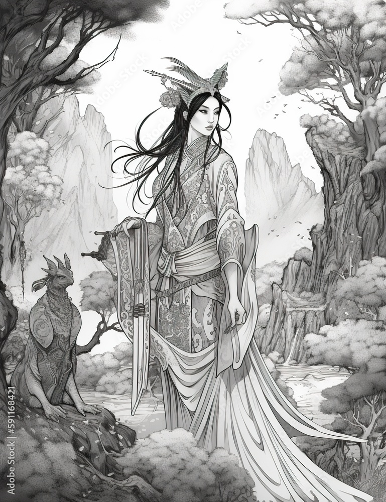 Fantasy character with Asian influences, forest princess, female, black ...