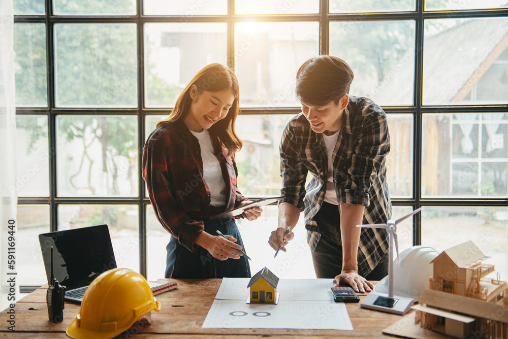 Engineer teams meeting working together wear worker helmets hardhat on ...