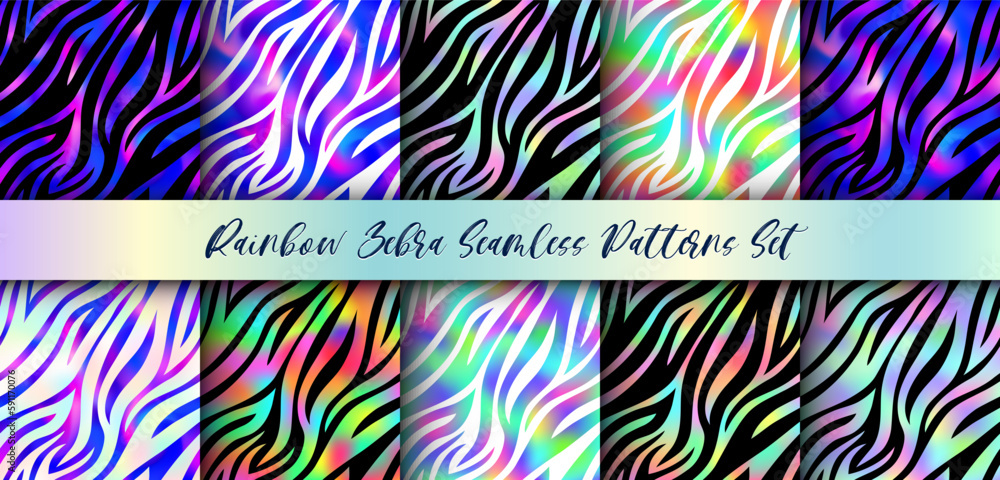 Trendy Rainbow Zebra seamless patterns set. Vector gradient wild animal ...