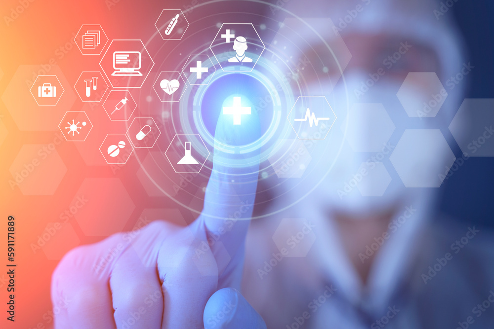 Medical technology in clinic or hospital. Treatment and use of computer ...