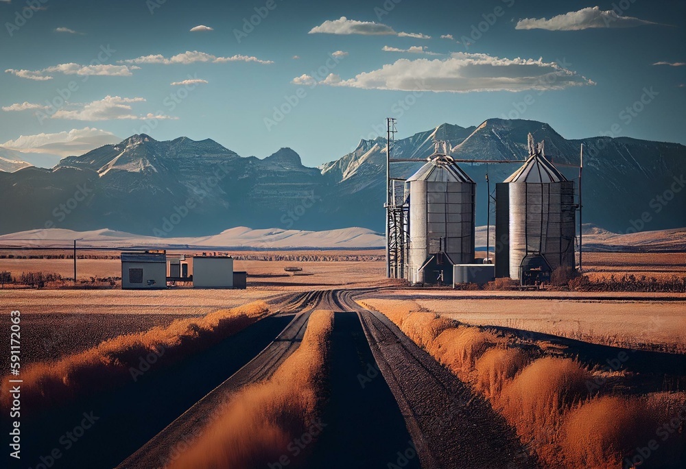 Pair of steel grain silos standing next to a divided highway along ...
